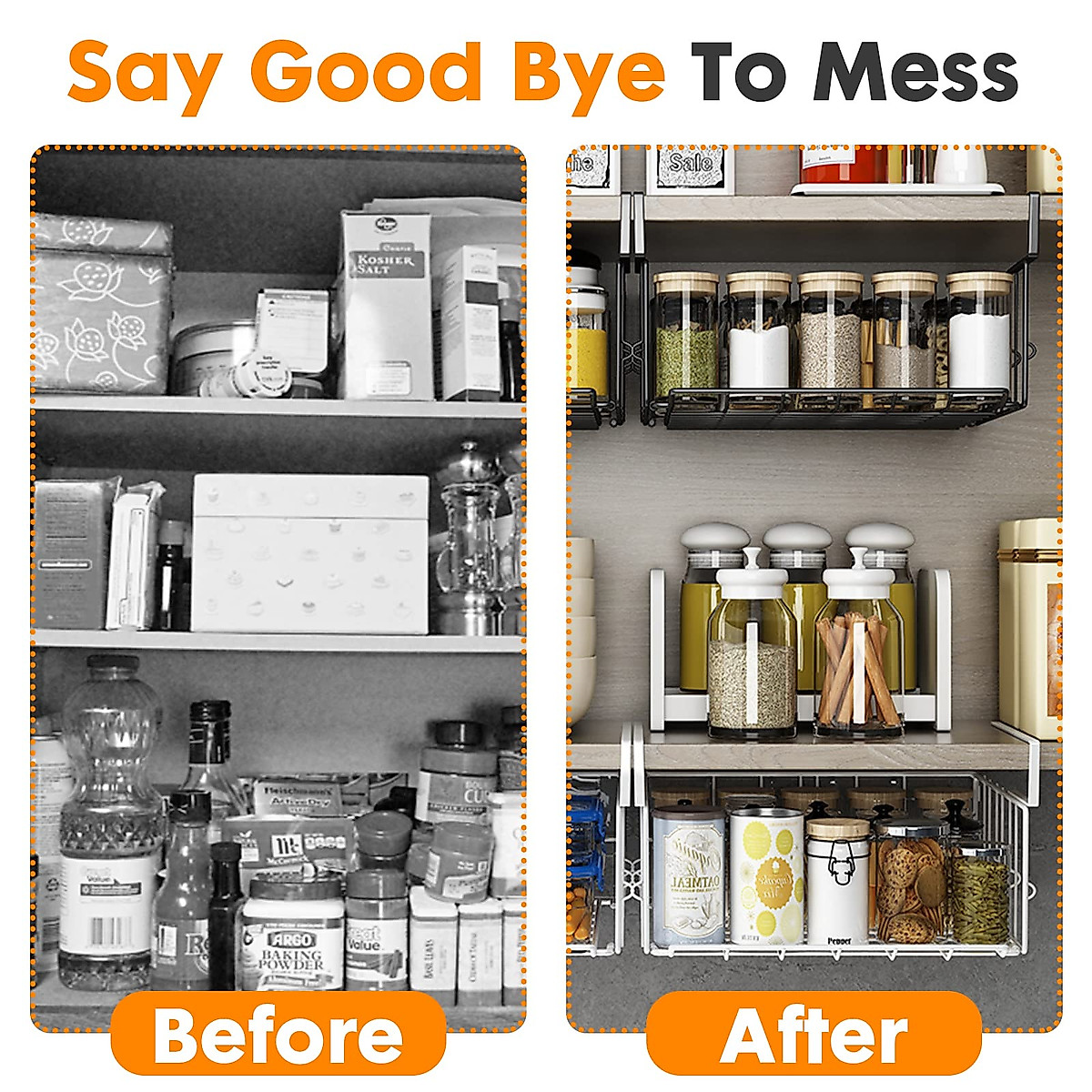 Hanging Under Shelf Storage Basket, 4 Pack Foldable Under Cabinet Metal Desk Storage Wire Rack Organizer for Kitchen Pantry Bookshelf Office Home, Easy to Install Slide-in Under Shelves (Black)