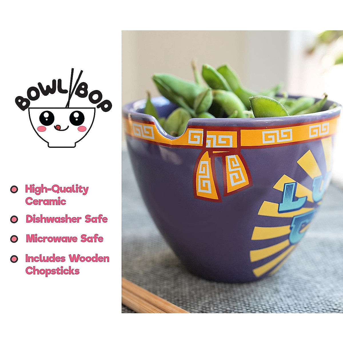 Boom Trendz Bowl Bop Purple Lucky Cat Japanese Ceramic Dinnerware Set | Includes 16-Ounce Ramen and Wooden Chopsticks Asian Food Dish for Home Kitchen Kawaii Anime Gifts, Maneki Neko Collectible
