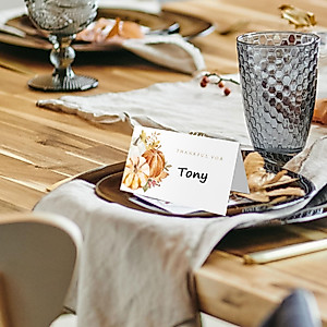 JarThenaAMCS 50Pcs Thanksgiving Table Tent Place Cards Thankful Pumpkin Guest Seating Cards Name Escort Card Folded Seat Assignment Setting Label for Fall Autumn Wedding Baby Shower Birthday