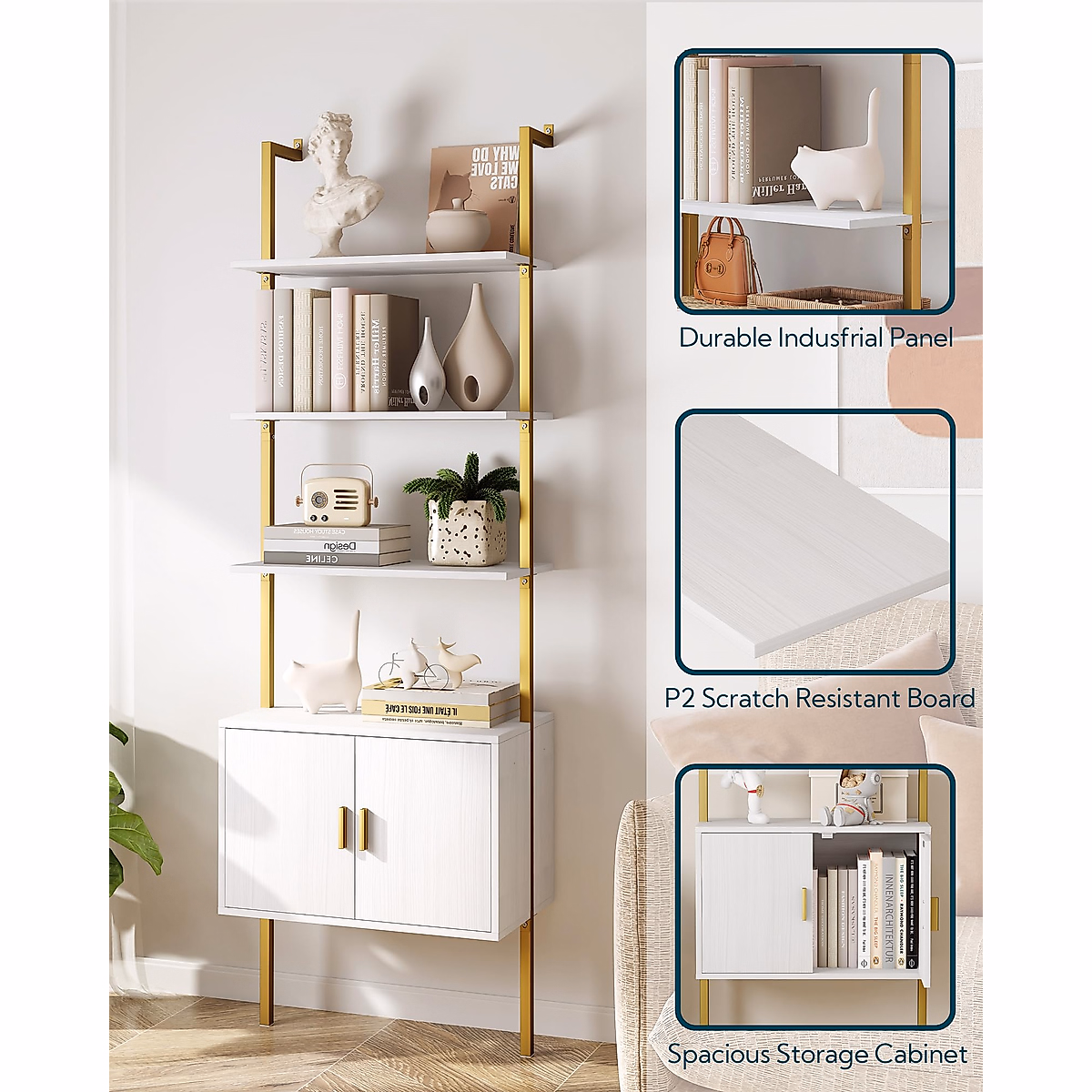 Yusong 73" Tall Bookshelf with Cabinet, Industrial Ladder Wall Mount Shelf Bookcase with Wood and Metal Frame, Plant Shelf Wall Storage Display for Living Room Bedroom, White Gold