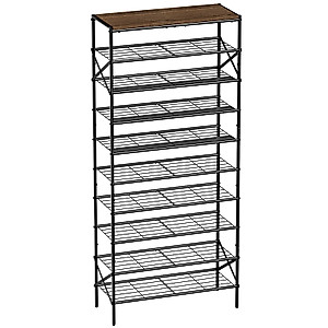 UNITSTAGE 10-Tier Tall Shoe Rack Organizer Shoe Storage for Entryway 30-40 Pairs Metal Shoe Rack for Closet Heavy-Duty Shoe Rack with Wooden Top Shelf for Garage Rustic Brown