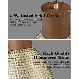 ELYONA Vintage Hammered Pendant Light Fixtures, 10.2” Industrial Metal Hanging Bar Lamp, Solid Wood Antique Gold Adjustable Pendant Light for Kitchen Island, Farmhouse, Dining Room, Brushed Brass