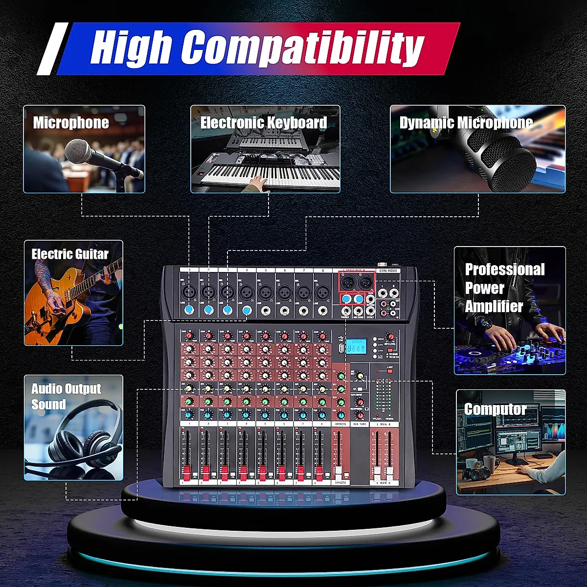 Professional Audio Mixer Sound Board Console USB bluetooth Audio Mixer DJ Live Mixing Console Dedicated Stereo 2-Track Bluetooth Live Studio Mixing Console Board(8 Channel)