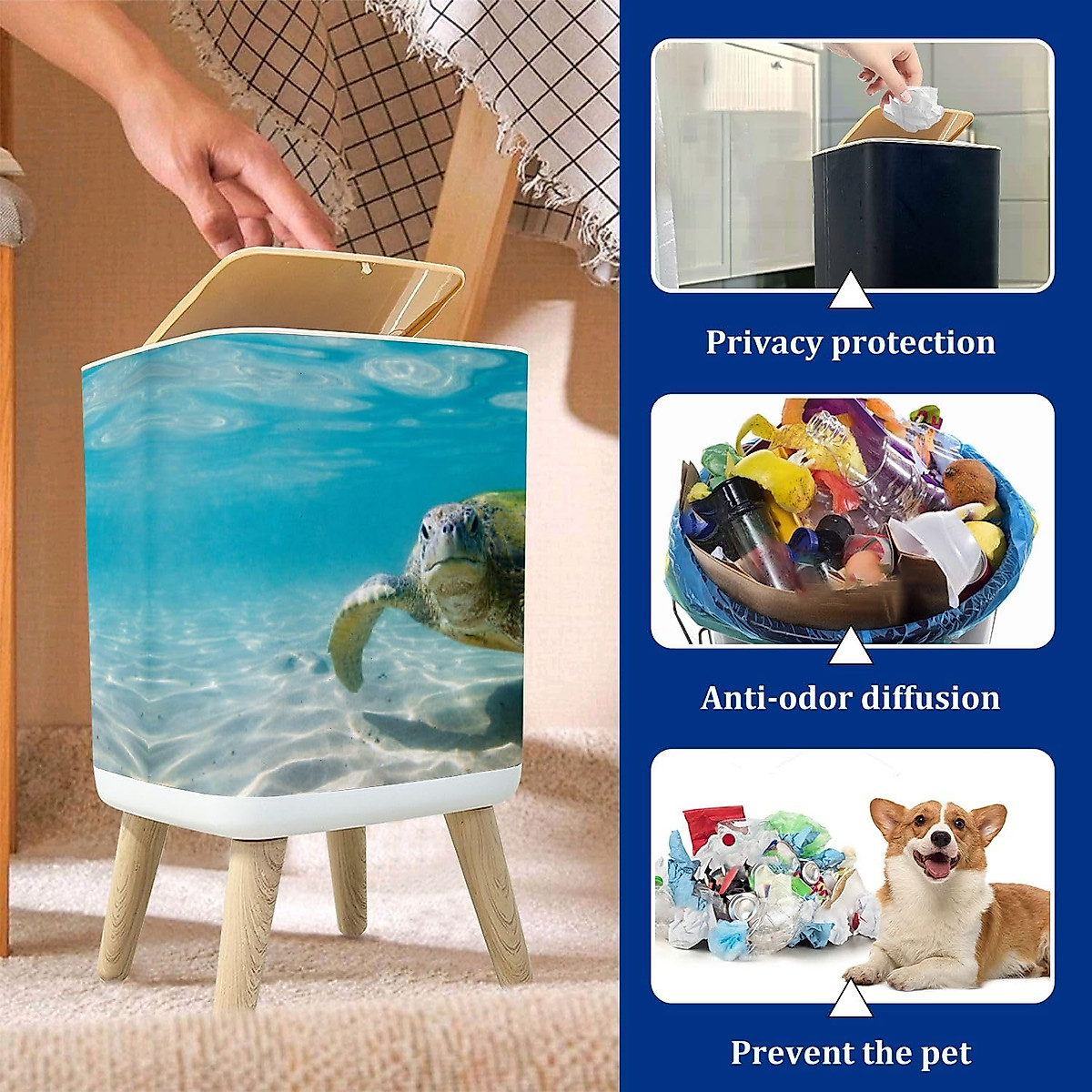 PHAIBHKERP Trash Can with Lid The Green sea Turtle Garbage Can Rectangular Waste Bin Press Cover Dog Proof Wastebasket for Kitchen Bathroom Living Room Nursery