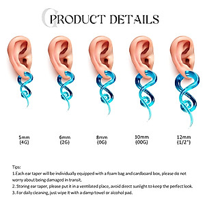 Glupez 2PCS Glass Spiral Ear Tapers Ear Plugs Expander Stretcher Hanger Twist Ear Gauges Earrings Stretching Tunnels Body Piercing Jewelry for Women Men 2G 6MM Blue