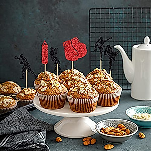 BIABISD 12 Piece boxing Cupcake Toppers boxing Themed Cupcake Toppers boxing Happy Birthday Party Supplies Shiny Black Red Decorations