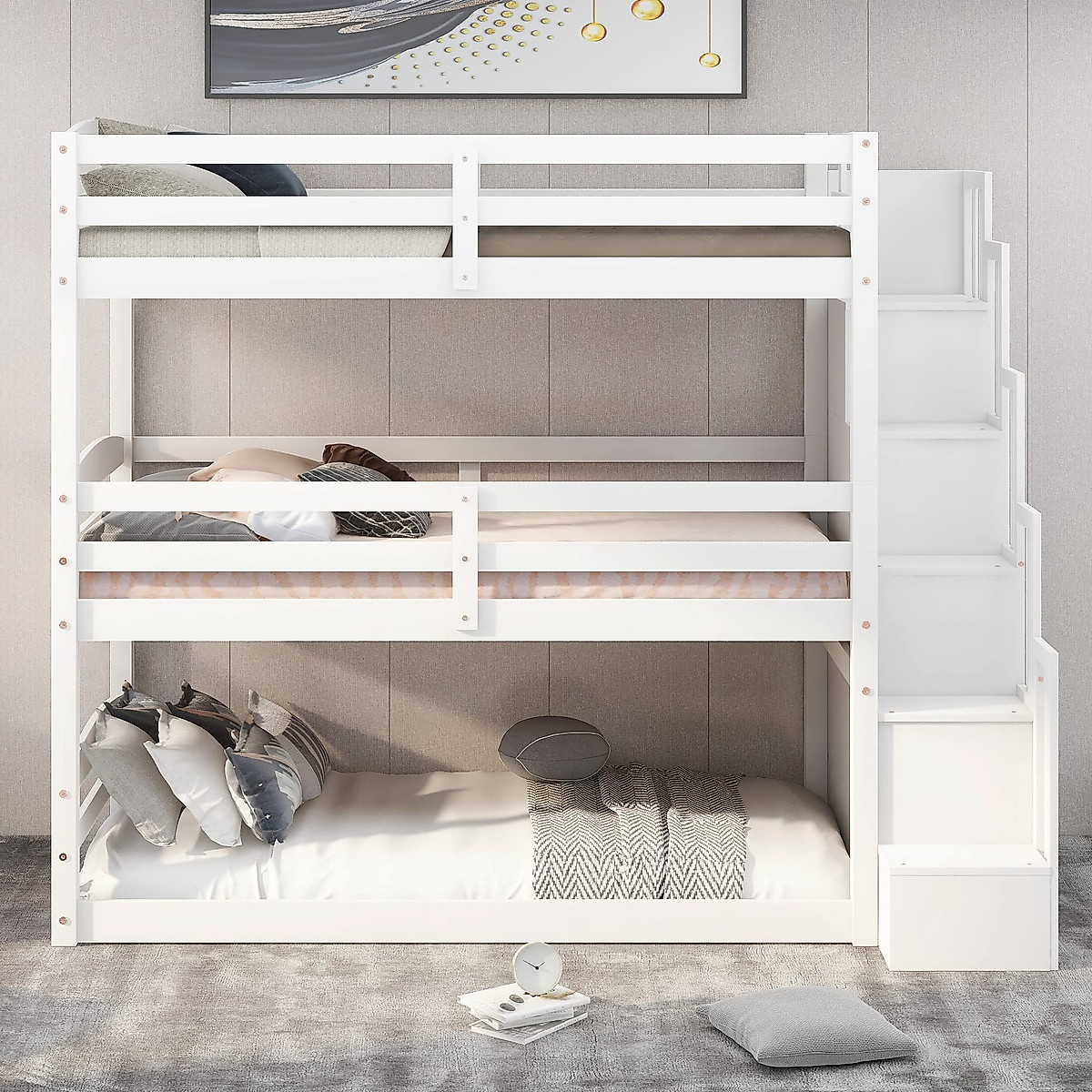 Harper & Bright Designs Wood Triple Bunk Bed with Storage Staircase, Wooden Floor Bunk Beds 3 Beds in 1 for Kids, Detachable Triple Bed Can Convertible into Twin Bunk Beds & Loft Bed, White