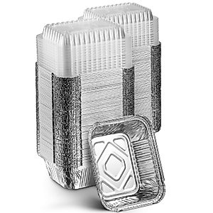MontoPack Disposable Takeout Pans with Clear Lids | 1lb Capacity Aluminum Foil Food Drip Containers with Strong Seal for Freshness & Spill Resistance | Earth, Eco-Friendly & Recyclable 100Pack 5x4”