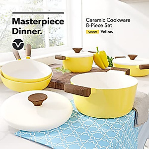 Vremi 8 Piece Ceramic Nonstick Cookware Set - Induction Stovetop Compatible DIshwasher Safe Non Stick Pots with Lids and Frying Pans - Dutch Oven Pot Fry Pan Sets for Serving - PTFE PFOA Free - Yellow