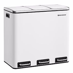 SONGMICS Trash Can, 3 x 4.8 Gallon Garbage Can, 14.4 Gallon Recycle Bin with Soft-Close Lids, Pedals, and Inner Buckets for Kitchen, Stainless Steel, White ULTB154W01