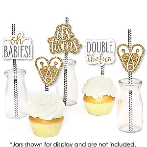 It's Twins - Paper Straw Decor - Gold Twins Baby Shower Striped Decorative Straws - Set of 24