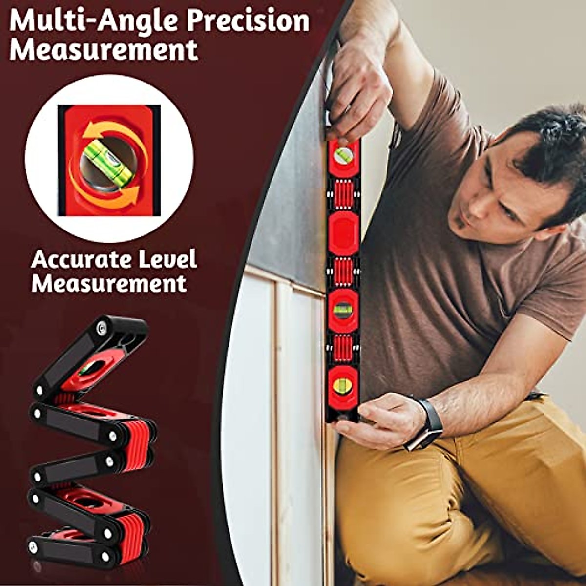 Multi-Function Foldable Level Measuring Tool,24 Inch Magnetic Level Tool with 4 Easy to Read Level Bubbles,Precise Leveling Tool for Carpenters,Woodworkers,Fabricators