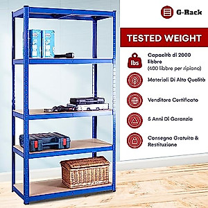 G-Rack Garage Shelving Units - 5 Tier Storage Rack Shelves Shelf Unit - 180 x 90 x 30-1 Bay 150kg Per Shelf - Heavy Duty Racking Metal Industrial Shelves Storage Rack Shed Solutions - Blue