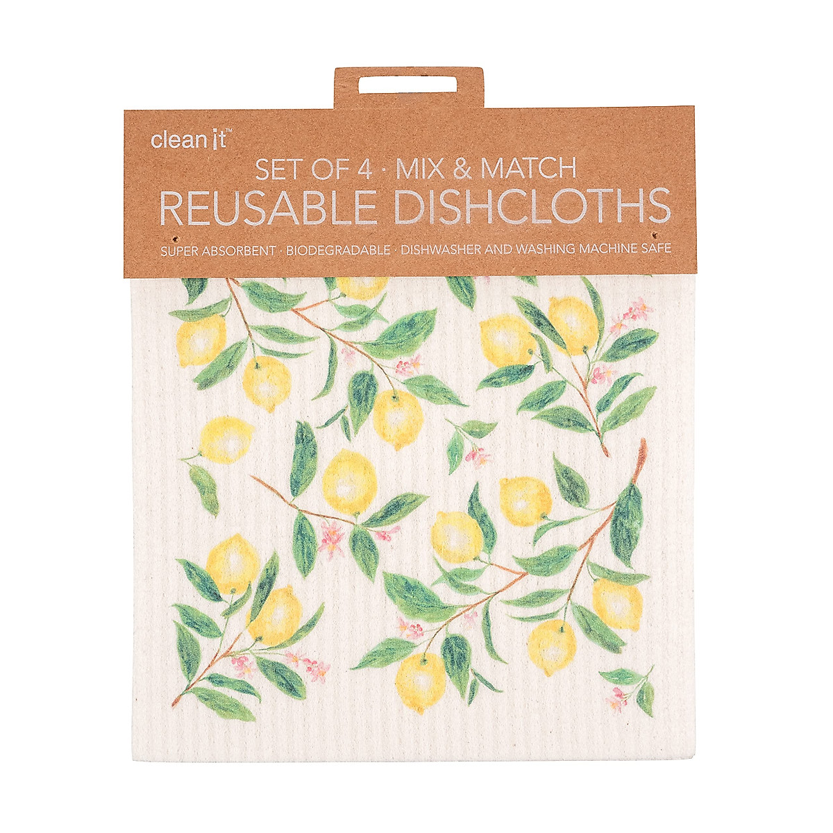 KAF Home Clean It Mixed Swedish Dish Cloths - Set of 4, Reusable, Absorbent Cellulose Sponge Towels for Kitchen, Cleaning Counters, and Washing Dishes (All Over Lemon)