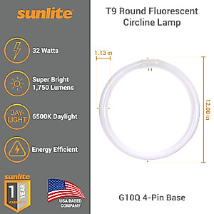 Sunlite FC12T9/DL T9 Round Fluorescent Circline Lamp, 32 Watts, 1750 Lumens, 6500K Daylight, RoHS Compliant, G10Q 4-Pin Base, 1 Pack