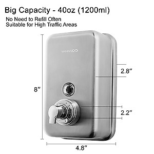 VANNSOO Commercial Wall Mount Stainless Steel Foaming Soap Dispenser, 40 oz (1200ml) Industrial Refillable Foam Hand Sanitizer Dispensers for Bathroom and Kitchen Brushed