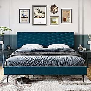 Homhougo Queen Size Bed Frame with Adjustable Headboard, Velvet Upholstered Platform Bed with Solid Wood Slats Support, No Box Spring Needed, Noise-Free, Green