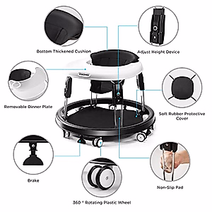 Uuoeebb One-Touch Folding Baby Walker, Anti-Roll 8-Wheel Round Chassis, 5-Speed Height Adjustment, with Large Dinner Plate and Brake. 6-18 Months Baby Walker.