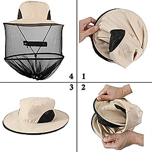 Mornajina Head Net Hat, Safari Hat Sun Hat with Hidden Net, Boonie Hat, Mesh UV Protection Fit Fishing Hiking Camping Cycling Boating Gardening (Beige)