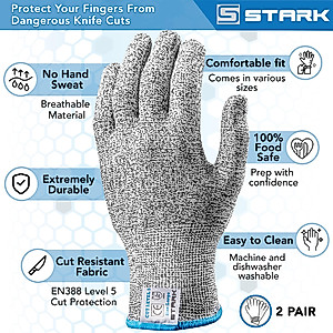 Stark Safe Cut Resistant Gloves, Level 5 Protection, Kitchen Cut Gloves for Meat, Shucking, Fillet, Mandolin Slicing, Carving, 2 Pair, Large