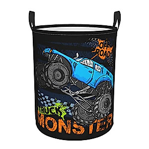 Gbuzozie Monster Truck Print Round Laundry Hamper Storage Basket Toys Clothes Organizer Bin For Home Bathroom Bedroom Dorm Nursery, 38l