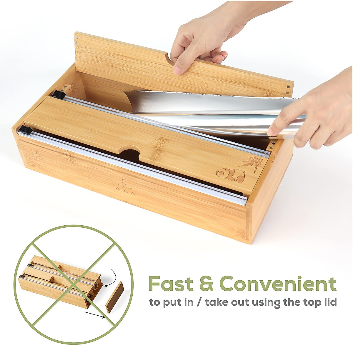 IOCREATIVE 2 in 1 Bamboo Wrap Dispenser for Aluminum Foil, Plastic Food Wrap, Wax Paper Roll Storage - Slide Cutter - Kitchen Organizer Holder Solution for Cabinet Drawer, Wall Mount - for 12" Rolls