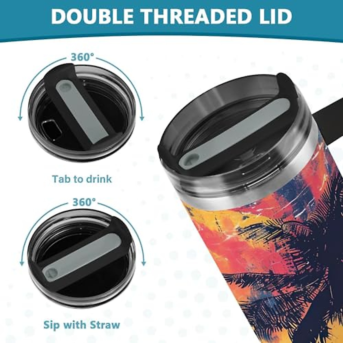 FRCSDIY Coconut Trees and The Sun Insulated Tumbler with Handle and Straw Lid,30oz Leakproof Stainless Steel Cup BPA-Free Water Bottle