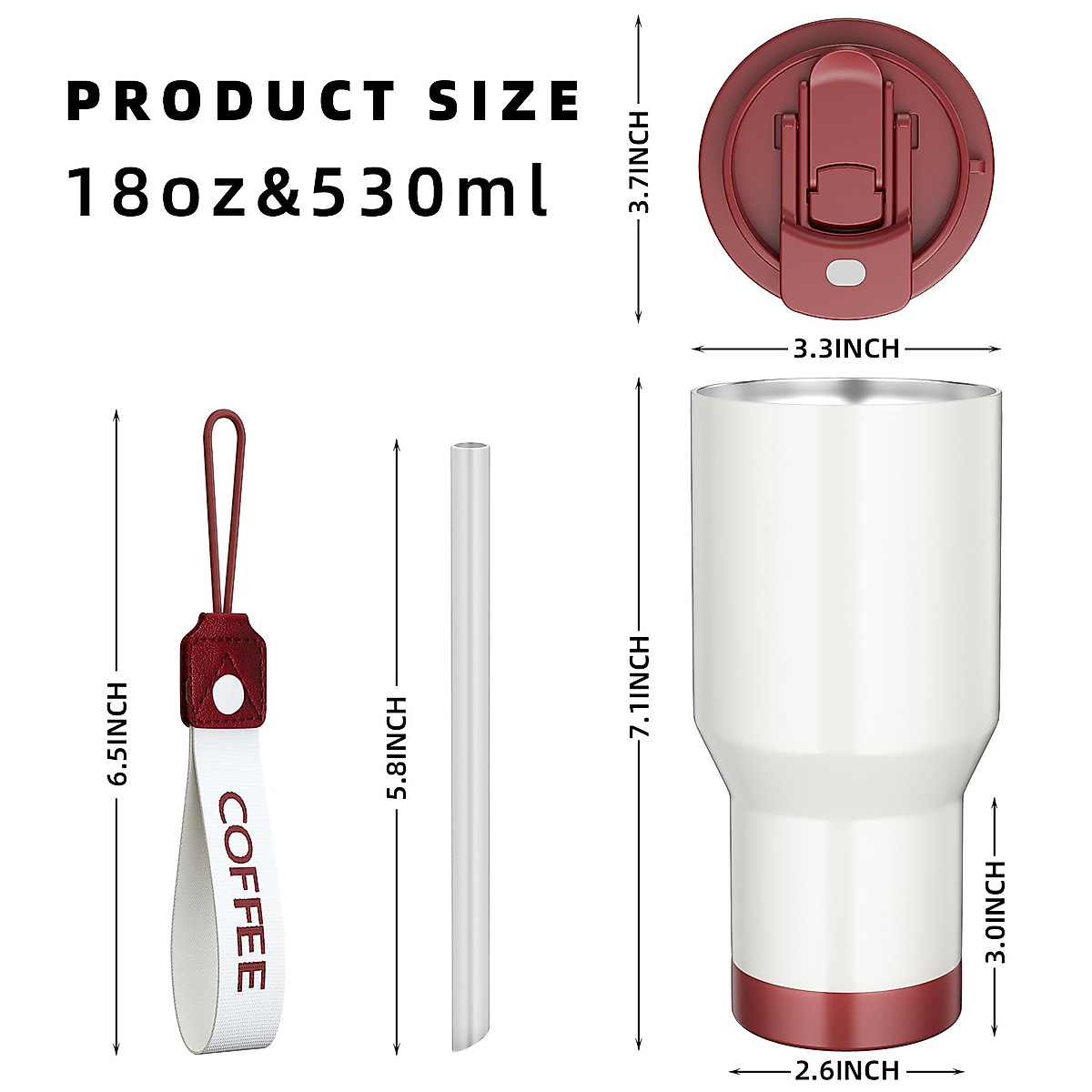 MURRICON 18 oz Stainless Steel Travel Coffee Mug,Vacuum Insulated Coffee Tumbler,Portable Coffee Cups with Lid and Straw,Red