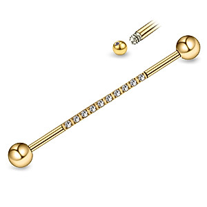 FINE4U Gold Industrial Piercing Jewelry 14G 36mm 1pc - ASTM F136 Titanium Industrial Barbell, Industrial Earrings, Cartilage Body Piercing Jewelry with CZ (1 & 2/5 Inch)