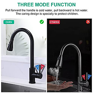 Besworta 3-Way Pull Down Matte Black Kitchen Faucet with 23-Inch Pull Out Hose, Stainless Steel, 3-Water Outlet Modes, PVD Finish, Ceramic Cartridge, 304 SUS