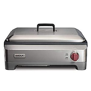 Wolf Gourmet Precision Electric Griddle, Indoor Grill, 200 sq. in, Nonstick Coating, Advanced Temperature Control, Stainless Steel, Red Knob (WGGR100S)