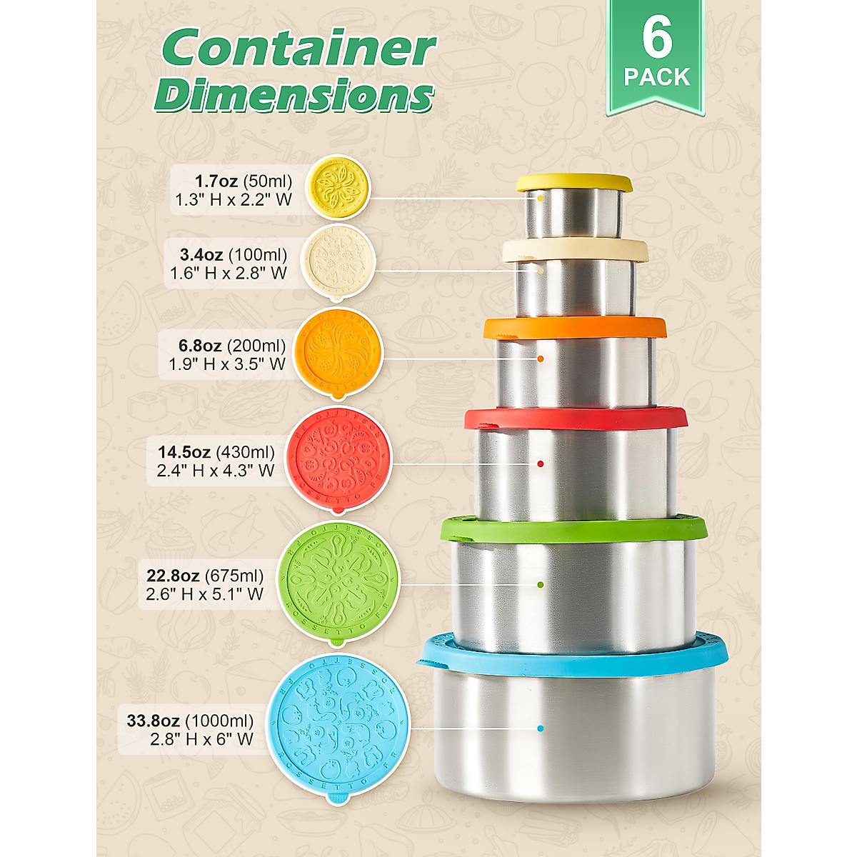 Stainless Steel Containers with Lids, 6 Pack Leakproof Stainless Steel Food Storage Containers, BPA Free, Metal Lunch Container Box, Nesting Snack Containers for Kids, Dishwasher Safe & Oven Safe