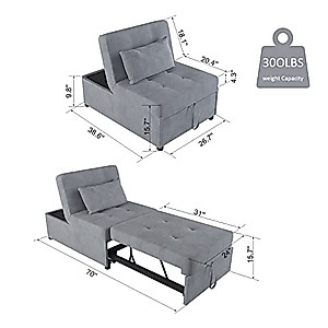 Velvet Convertible Sofa Bed, 4 in 1 Multi-Function Folding Ottoman Lounge Chair, Modern Sleeper Bed Couch Guest Bed with Adjustable Backrest and Pillow for Living Room Small Room Apartment (Gray)