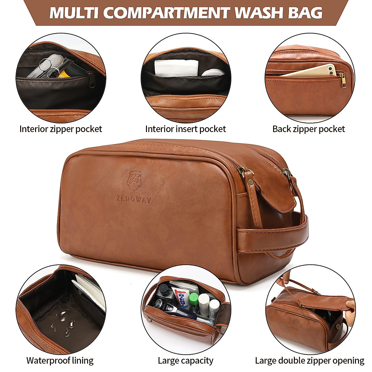 Zeroway PU Leather Travel Duffel Bag with Toiletry Dopp Kit and Laundry Bag, Weekender Overnight bag Luggage Carry-On Bag with Shoe Pouch for Men or Women Brown
