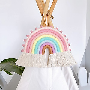 Large Macrame Rainbow Wall Hanging Decor Handmade Pom Pom Garland Rainbow Decor for Kids Room Girls Bedroom Baby Shower Nursery Decorations