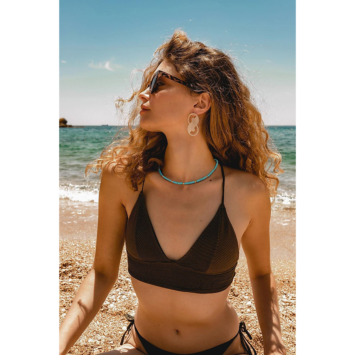 POTESSA Turquoise Beaded Choker Necklace for Women Tiny Boho Hawaiian Seed Bead Beach Necklace Jewelry