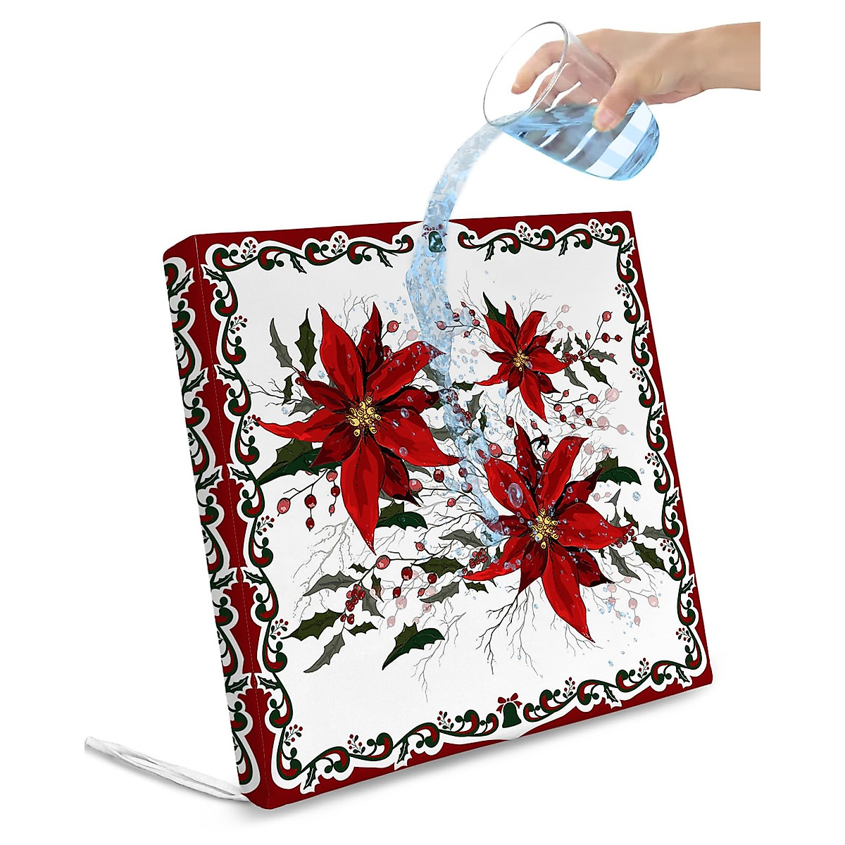 Poinsettia Christmas Outdoor Cushion Chair Cover Set of 2 - Waterproof Couch Seat Covers, Winter Xmas Botanical Merry Christmas Patio Furniture Protector Slipcovers for Sofa/Garden/RV, 20"x18"x4"