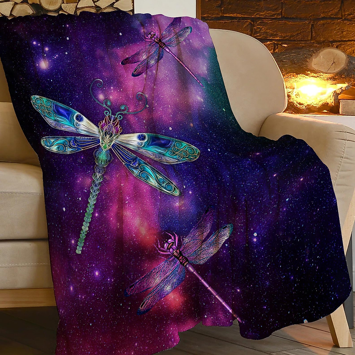 Dragonfly Throw Blanket Flannel Fleece Galaxy Starry Sky Cozy Plush Ultra Soft Warm Blankets Fuzzy Party Blanket Caring Gifts for Girls Women Men Boys 50"X40"
