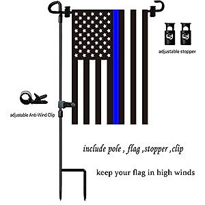 Akeydeco Garden Flag Stand & American Flag, Thin Blue Line Garden Flag with Anti-Wind Clip,Stopper,Weatherproof 2 Sided 12.5 x 18 Inch Patriotic US Flag Banner Keep Your Flags from Flying Away in High Winds