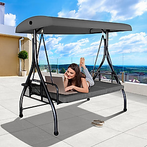 GARTOO 3-Seat Outdoor Large Porch Swing with Converting Canopy, Patio Hammock Lounge Swing Chair for Porch, Backyard, Poolside, Adjustable Shade & Removable Cushions(Gray)