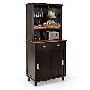 Giantex Buffet Hutch Storage Cabinet, Kitchen Pantry with 2 Drawers, Sideboard with Sliding Door, 2 Tier Shelves, Microwave Countertop, Anti-Toppling, Wood Farmhouse Cupboard for Utensil (Brown)