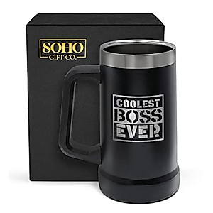 GALVANOX Boss Gift XL Stainless Steel Beer Mug - Insulated 24oz Large Beer Stein with Handle for Christmas/Office Appreciation Day, Gift Boxed Tumbler Cup (Laser Etched “Coolest Boss Ever”)