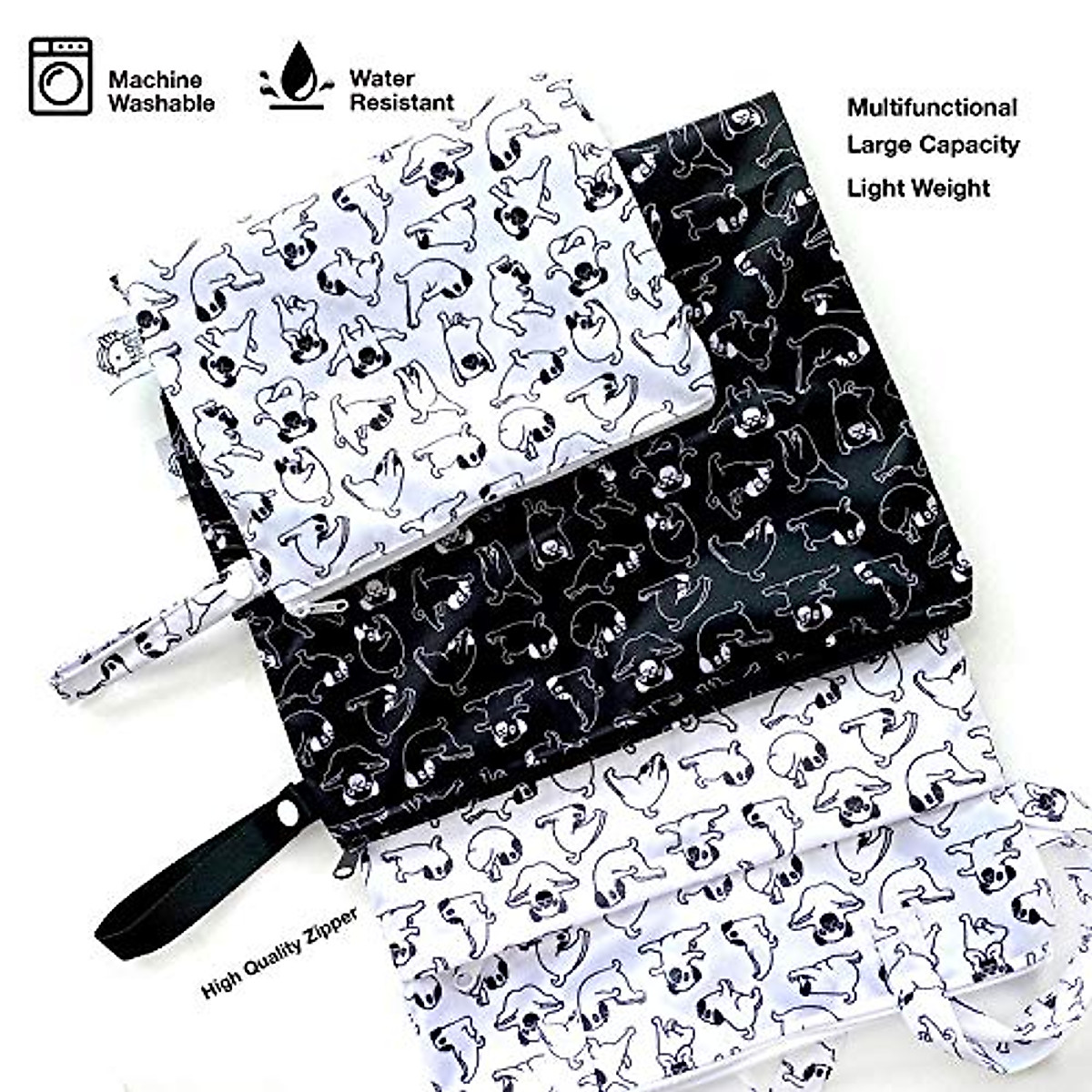 FLOCK THREE 3pcs Waterproof Wet Bag Tote Reusable Wet Clothes Baby Diapers Stroller Swimsuit Travel Reusable toiletries Pouch Small Larger Electronics case 3 Pack Dog (Yoga Dog)