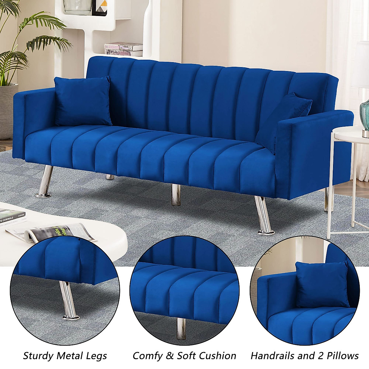 AWQM Sofa Bed, Upholstered Convertible Sofa Bed with 2 Pillows, Modern Velvet Sleeper Sofa Couch with Wooden Frame and Metal Legs, Small Couch for Living Room Bedroom Office (Blue)