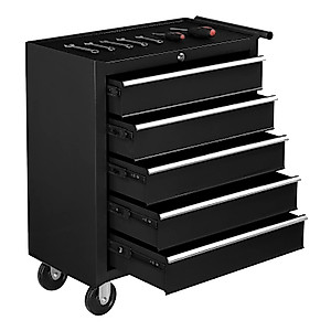 TUFFIOM 5-Drawer Rolling Tool Chest w/Lock & Key, Tool Storage Cabinet with Wheels, Top Cushion & Drawer Liners, Tool Organizer Box for Garage, Warehouse & Repair Shop, Black