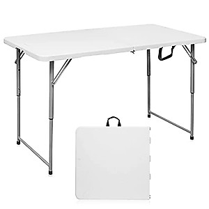 Byliable Folding Table 4 Foot Portable Heavy Duty Plastic Fold-in-Half Utility Foldable Table Small Indoor Outdoor Adjustable Height Plastic Folding Table with Carrying Handle, Camping and Party