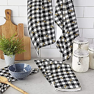 MUSEDAY Kitchen Towels Set Minimalist Black White Buffalo Check Plaid Cute Bee Absorbent Dish Towels Dish Cloths for Drying Kitchen Hand Towels Decorative Tea Towels