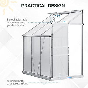 Outsunny 6' x 4' Aluminum Lean-to Greenhouse Polycarbonate Walk-in Garden Greenhouse with Adjustable Roof Vent, Rain Gutter and Sliding Door for Winter, Clear
