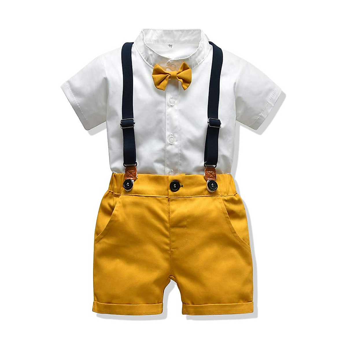 Moyikiss Studio Toddler Boys Clothes Short Sleeve Bowtie Shirt+Straps Shorts Outfits Suits Gentleman Tuxedos (Yellow, 80/12-18M)