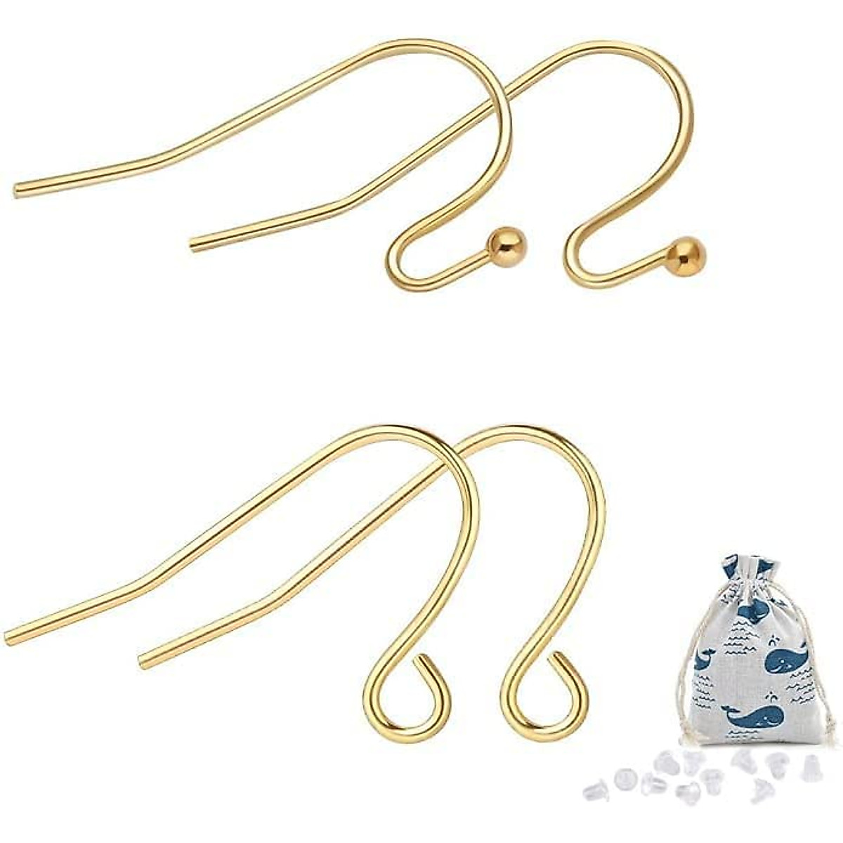14K Gold Earring Hooks Real Hypoallergenic 100Pcs Ball Dot Ear Wires + Fish Hooks Jewelry Making Supplies Findings with 100Pcs Clear Rubber Earring Backs for DIY Jewely